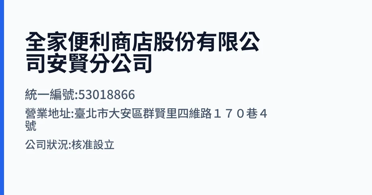 全家便利商店股份有限公司安賢分公司 - 統編 53018866(臺北市) 公司登記資料與營業項目詳細圖表