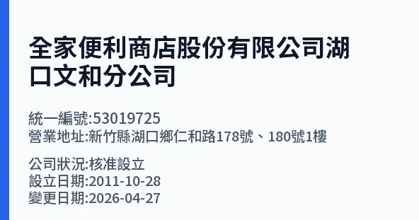 全家便利商店股份有限公司湖口文和分公司的照片-統編 53019725(新竹縣) 公司登記資料與營業項目詳細圖表