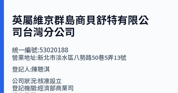 英屬維京群島商貝舒特有限公司台灣分公司的照片-統編 53020188(新北市) 公司登記資料與營業項目詳細圖表