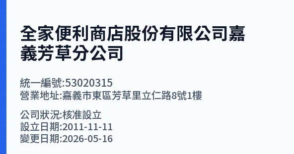 全家便利商店股份有限公司嘉義芳草分公司的照片-統編 53020315(嘉義市) 公司登記資料與營業項目詳細圖表