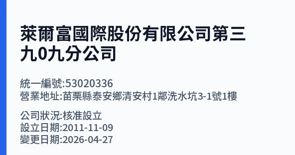 萊爾富國際股份有限公司第三九0九分公司的照片-統編 53020336(苗栗縣) 公司登記資料與營業項目詳細圖表