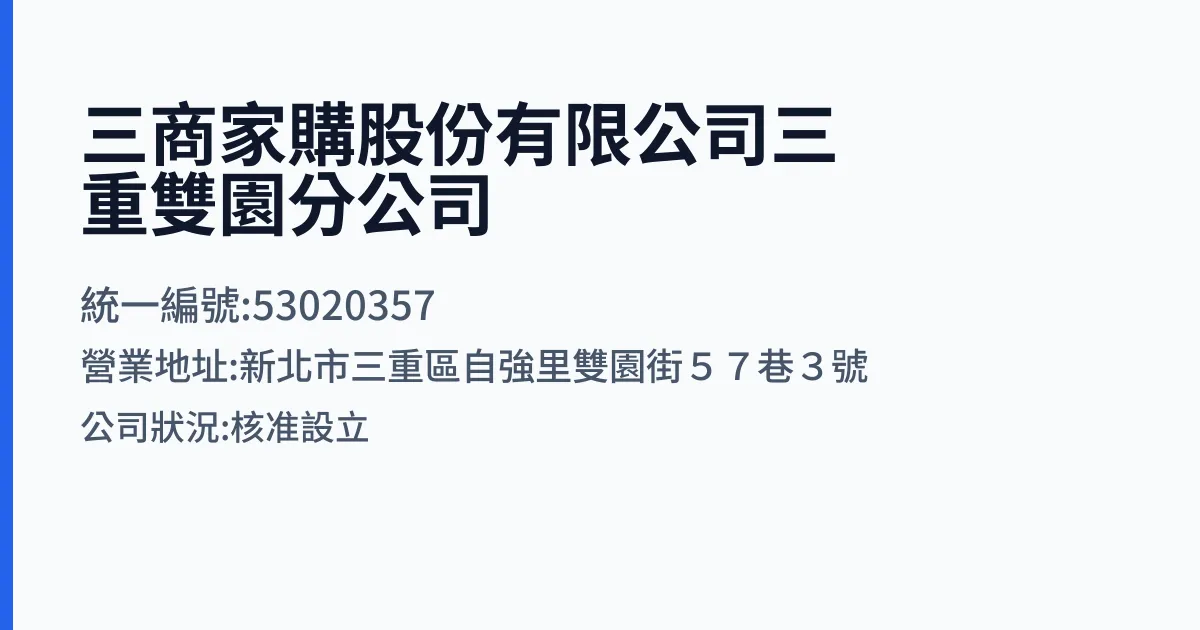 三商家購股份有限公司三重雙園分公司 - 統編 53020357(新北市) 公司登記資料與營業項目詳細圖表