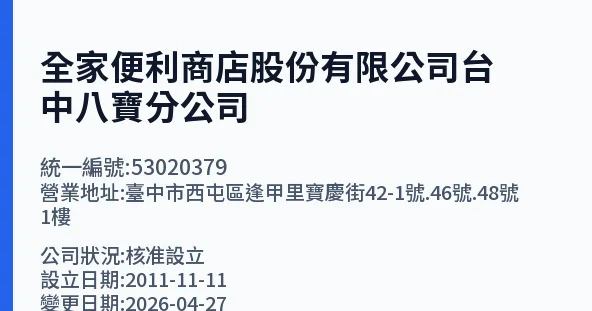 全家便利商店股份有限公司台中八寶分公司的照片-統編 53020379(臺中市) 公司登記資料與營業項目詳細圖表