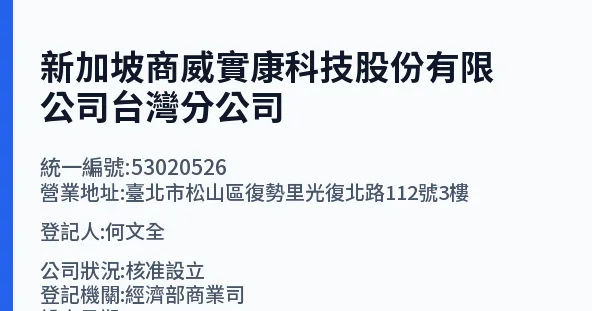 新加坡商威實康科技股份有限公司台灣分公司的照片-統編 53020526(臺北市) 公司登記資料與營業項目詳細圖表