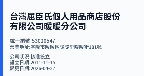 台灣屈臣氏個人用品商店股份有限公司暖暖分公司的照片-統編 53020547(基隆市) 公司登記資料與營業項目詳細圖表