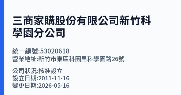 三商家購股份有限公司新竹科學園分公司的照片-統編 53020618(新竹市) 公司登記資料與營業項目詳細圖表