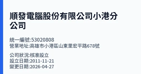 順發電腦股份有限公司小港分公司的照片-統編 53020808(高雄市) 公司登記資料與營業項目詳細圖表