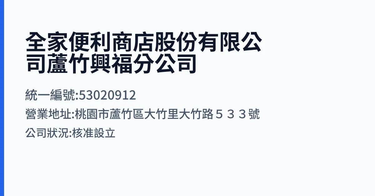 全家便利商店股份有限公司蘆竹興福分公司 - 統編 53020912(桃園市) 公司登記資料與營業項目詳細圖表