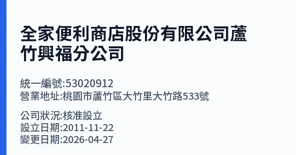 全家便利商店股份有限公司蘆竹興福分公司的照片-統編 53020912(桃園市) 公司登記資料與營業項目詳細圖表
