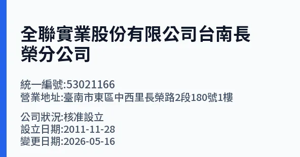全聯實業股份有限公司台南長榮分公司的照片-統編 53021166(臺南市) 公司登記資料與營業項目詳細圖表