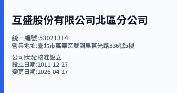 互盛股份有限公司北區分公司的照片-統編 53021314(臺北市) 公司登記資料與營業項目詳細圖表