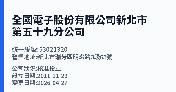 全國電子股份有限公司新北市第五十九分公司的照片-統編 53021320(新北市) 公司登記資料與營業項目詳細圖表