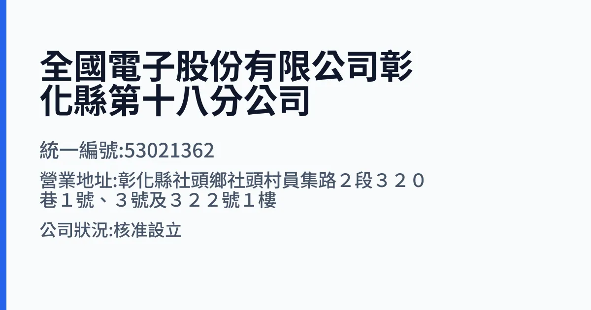 全國電子股份有限公司彰化縣第十八分公司 - 統編 53021362(彰化縣) 公司登記資料與營業項目詳細圖表