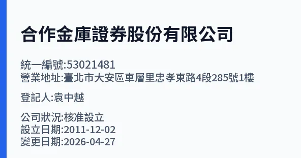 合作金庫證券股份有限公司的照片-統編 53021481(臺北市) 公司登記資料與營業項目詳細圖表