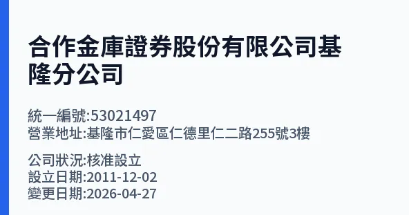 合作金庫證券股份有限公司基隆分公司的照片-統編 53021497(基隆市) 公司登記資料與營業項目詳細圖表