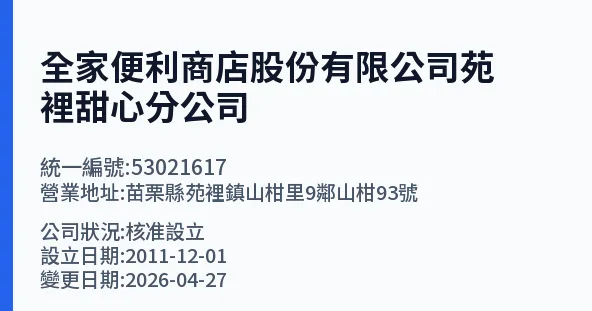全家便利商店股份有限公司苑裡甜心分公司的照片-統編 53021617(苗栗縣) 公司登記資料與營業項目詳細圖表