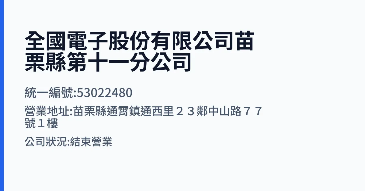 全國電子股份有限公司苗栗縣第十一分公司 - 統編 53022480(苗栗縣) 公司登記資料與營業項目詳細圖表
