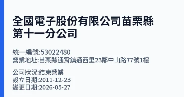 全國電子股份有限公司苗栗縣第十一分公司的照片-統編 53022480(苗栗縣) 公司登記資料與營業項目詳細圖表