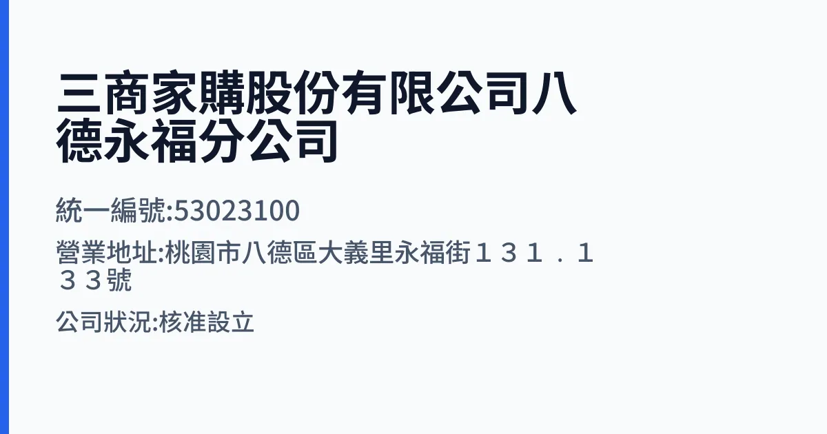 三商家購股份有限公司八德永福分公司 - 統編 53023100(桃園市) 公司登記資料與營業項目詳細圖表