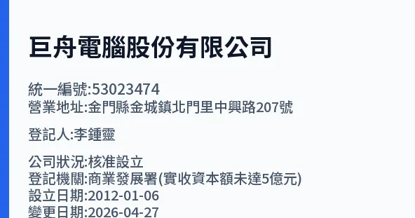 巨舟電腦股份有限公司的照片-統編 53023474(金門縣) 公司登記資料與營業項目詳細圖表