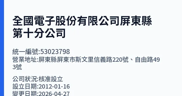 全國電子股份有限公司屏東縣第十分公司的照片-統編 53023798(屏東縣) 公司登記資料與營業項目詳細圖表