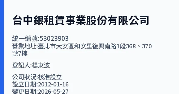 台中銀租賃事業股份有限公司的照片-統編 53023903(臺北市) 公司登記資料與營業項目詳細圖表