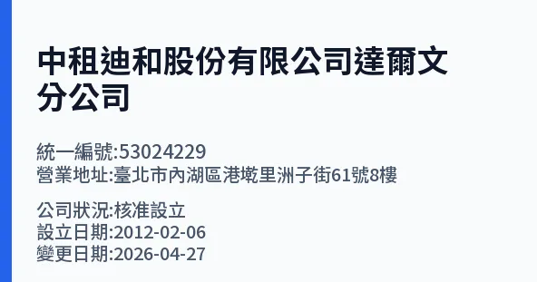 中租迪和股份有限公司達爾文分公司的照片-統編 53024229(臺北市) 公司登記資料與營業項目詳細圖表