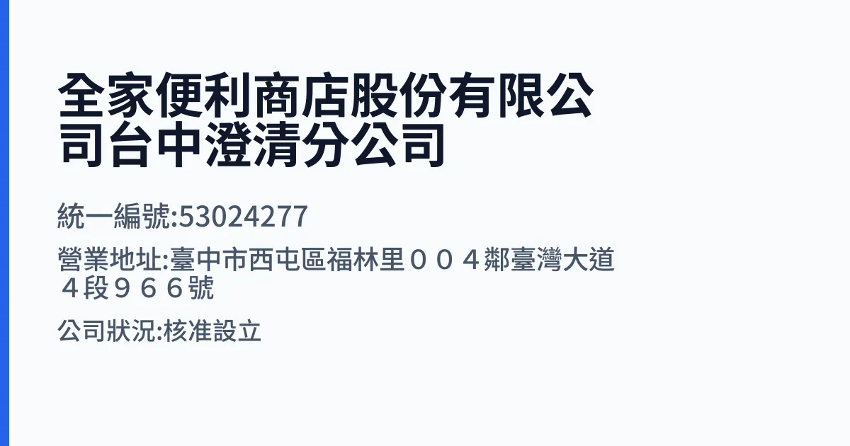 全家便利商店股份有限公司台中澄清分公司 - 統編 53024277(臺中市) 公司登記資料與營業項目詳細圖表