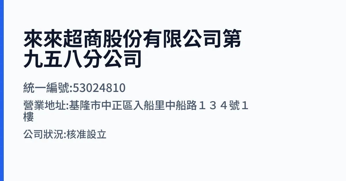 來來超商股份有限公司第九五八分公司 - 統編 53024810(基隆市) 公司登記資料與營業項目詳細圖表