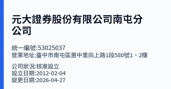 元大證券股份有限公司南屯分公司的照片-統編 53025037(臺中市) 公司登記資料與營業項目詳細圖表