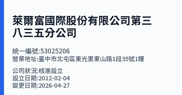 萊爾富國際股份有限公司第三八三五分公司的照片-統編 53025206(臺中市) 公司登記資料與營業項目詳細圖表