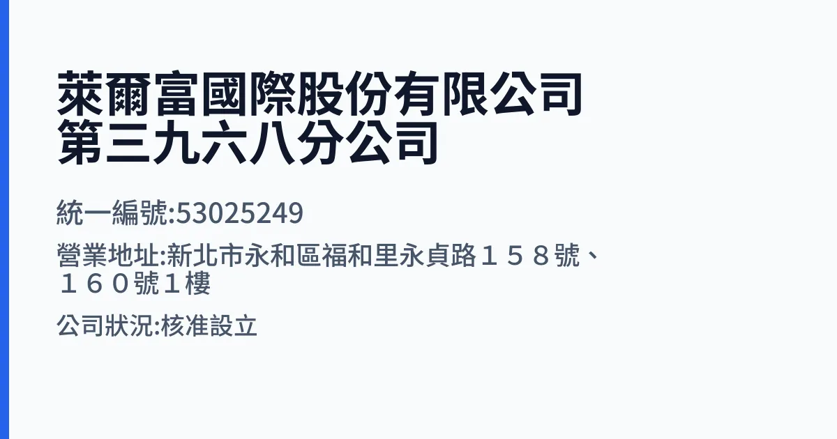萊爾富國際股份有限公司第三九六八分公司 - 統編 53025249(新北市) 公司登記資料與營業項目詳細圖表