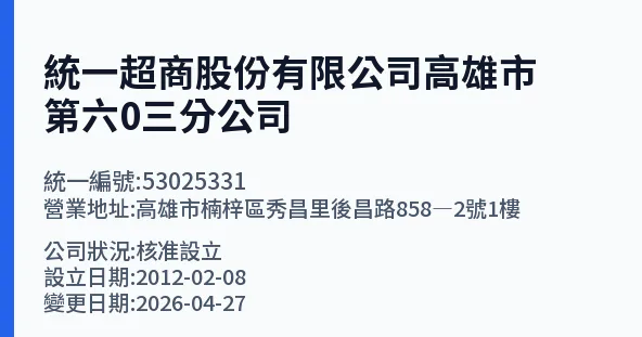 統一超商股份有限公司高雄市第六0三分公司的照片-統編 53025331(高雄市) 公司登記資料與營業項目詳細圖表