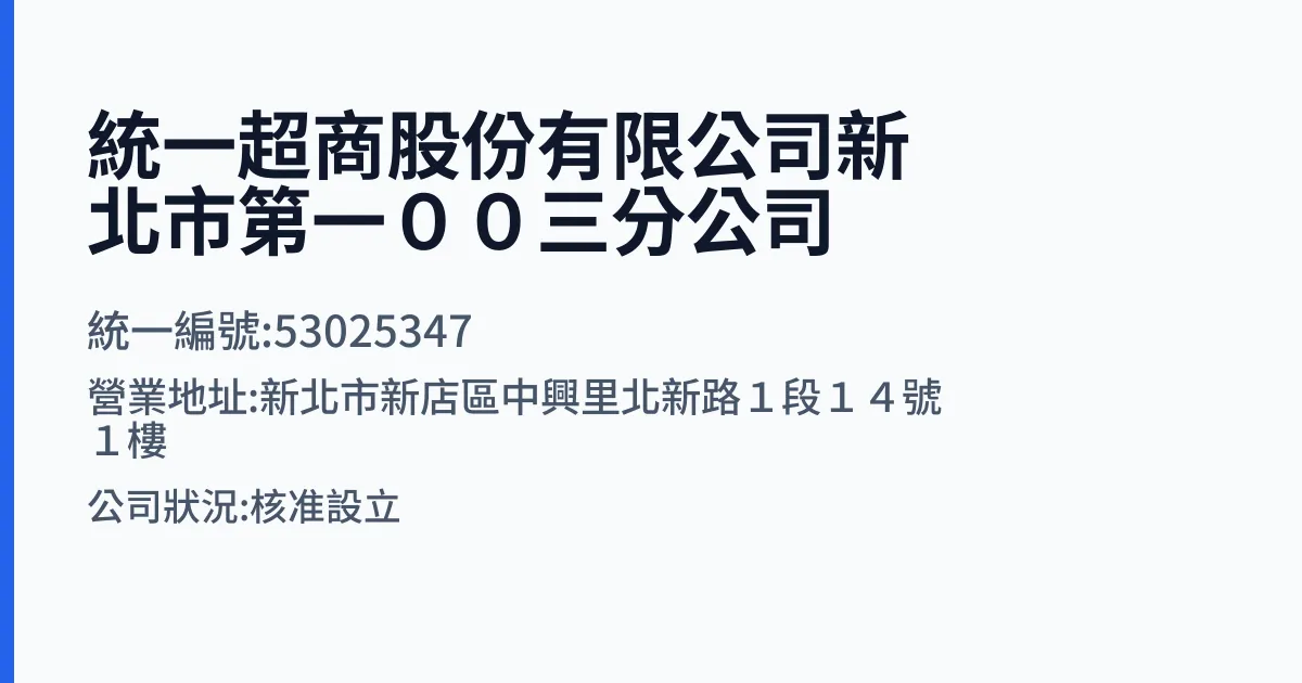 統一超商股份有限公司新北市第一00三分公司 - 統編 53025347(新北市) 公司登記資料與營業項目詳細圖表