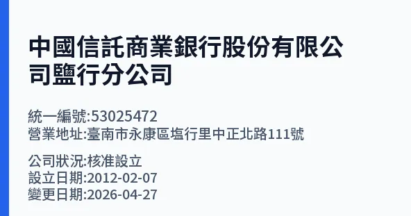 中國信託商業銀行股份有限公司鹽行分公司的照片-統編 53025472(臺南市) 公司登記資料與營業項目詳細圖表