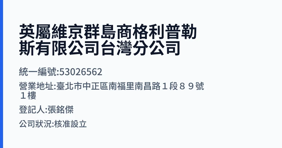 英屬維京群島商格利普勒斯有限公司台灣分公司 - 統編 53026562(臺北市) 公司登記資料與營業項目詳細圖表