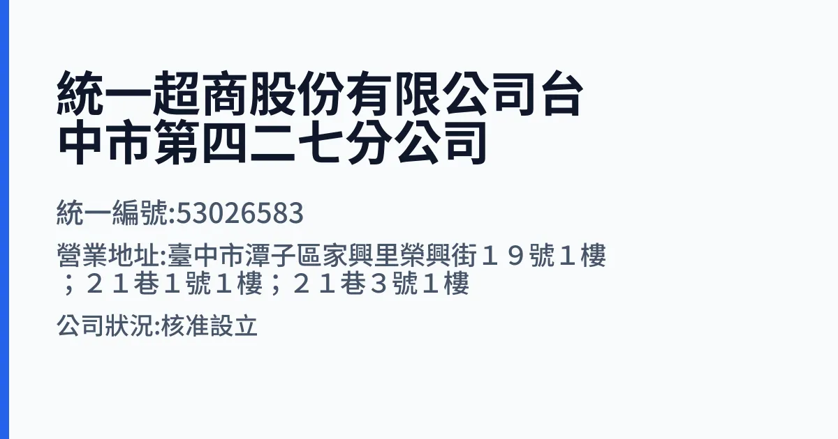 統一超商股份有限公司台中市第四二七分公司 - 統編 53026583(臺中市) 公司登記資料與營業項目詳細圖表