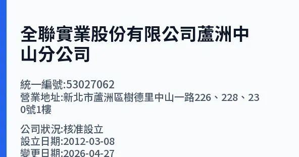 全聯實業股份有限公司蘆洲中山分公司的照片-統編 53027062(新北市) 公司登記資料與營業項目詳細圖表