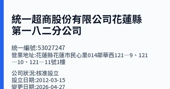 統一超商股份有限公司花蓮縣第一八二分公司的照片-統編 53027247(花蓮縣) 公司登記資料與營業項目詳細圖表