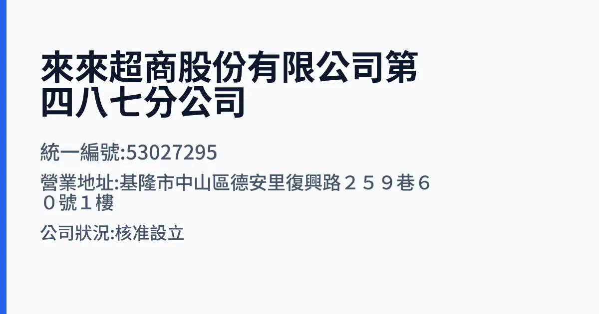 來來超商股份有限公司第四八七分公司 - 統編 53027295(基隆市) 公司登記資料與營業項目詳細圖表