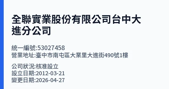 全聯實業股份有限公司台中大進分公司的照片-統編 53027458(臺中市) 公司登記資料與營業項目詳細圖表