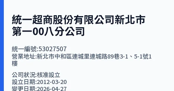 統一超商股份有限公司新北市第一00八分公司的照片-統編 53027507(新北市) 公司登記資料與營業項目詳細圖表