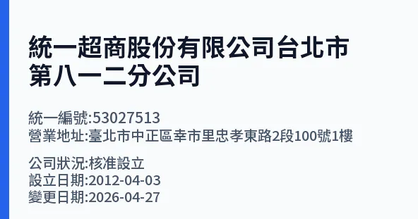 統一超商股份有限公司台北市第八一二分公司的照片-統編 53027513(臺北市) 公司登記資料與營業項目詳細圖表