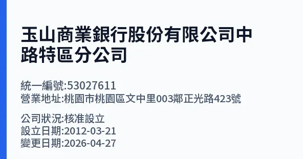玉山商業銀行股份有限公司中路特區分公司的照片-統編 53027611(桃園市) 公司登記資料與營業項目詳細圖表