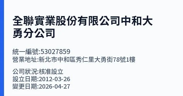全聯實業股份有限公司中和大勇分公司的照片-統編 53027859(新北市) 公司登記資料與營業項目詳細圖表