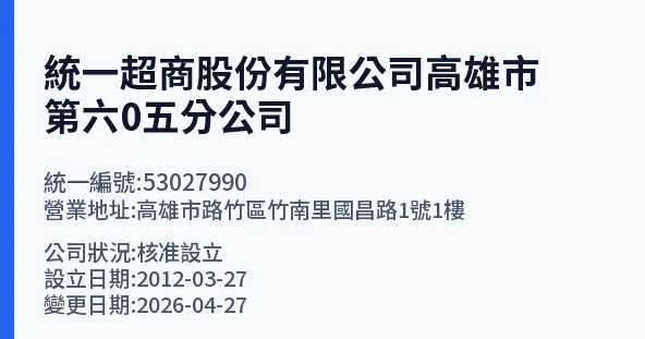 統一超商股份有限公司高雄市第六0五分公司的照片-統編 53027990(高雄市) 公司登記資料與營業項目詳細圖表