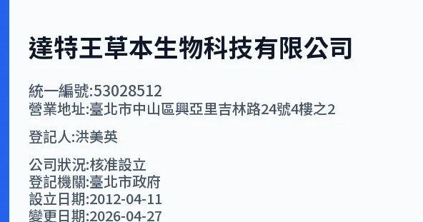 達特王草本生物科技有限公司的照片-統編 53028512(臺北市) 公司登記資料與營業項目詳細圖表