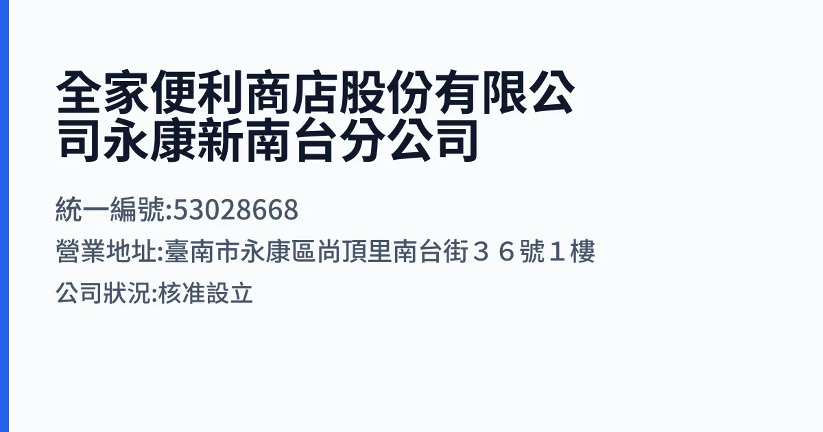 全家便利商店股份有限公司永康新南台分公司 - 統編 53028668(臺南市) 公司登記資料與營業項目詳細圖表
