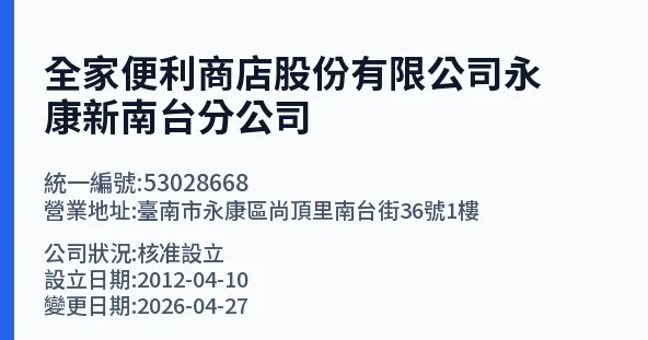 全家便利商店股份有限公司永康新南台分公司的照片-統編 53028668(臺南市) 公司登記資料與營業項目詳細圖表