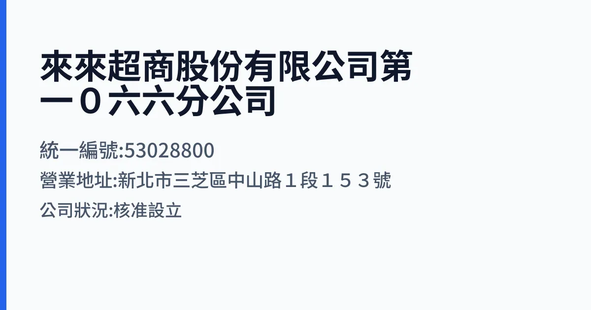 來來超商股份有限公司第一０六六分公司 - 統編 53028800(新北市) 公司登記資料與營業項目詳細圖表